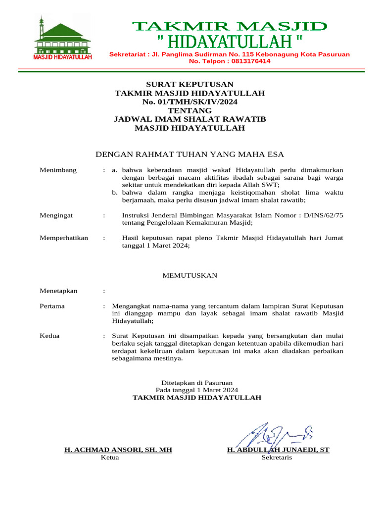 SK Takmir Imam Rawatib | PDF