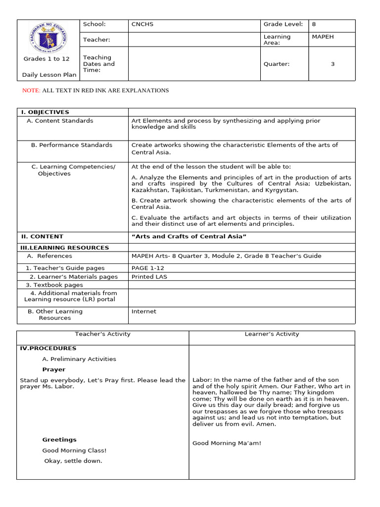 Central Asian Arts Lesson Plan for Grade 8 | PDF | Carpet | Central Asia