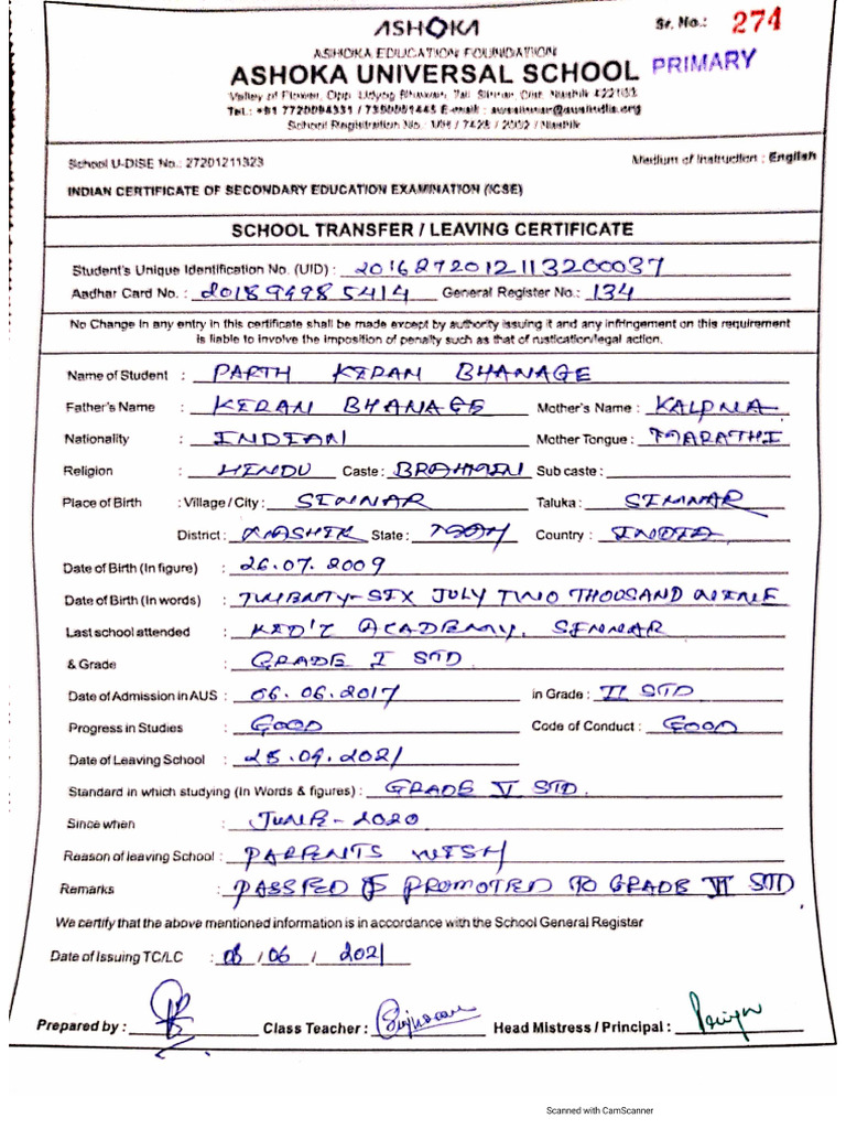 Parth Leaving Certificate | PDF