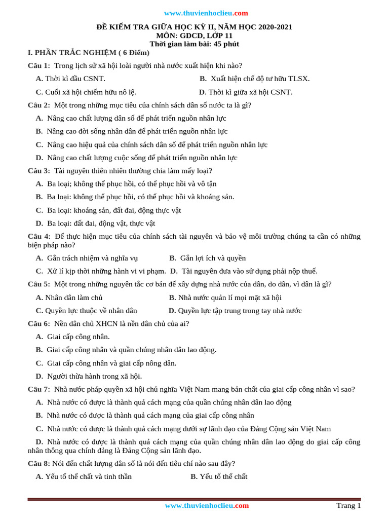 De KT Giua HK2 GDCD 11 de 1 | PDF