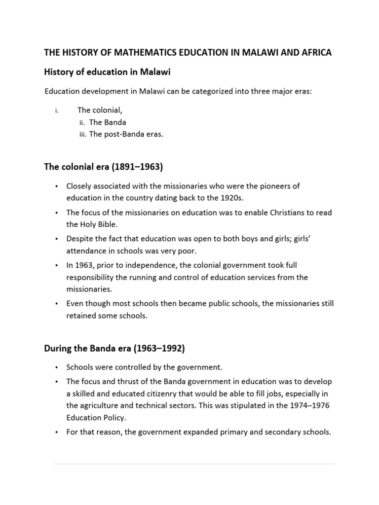 The History of Mathematics Education in Malawi and Africa 1 | PDF ...