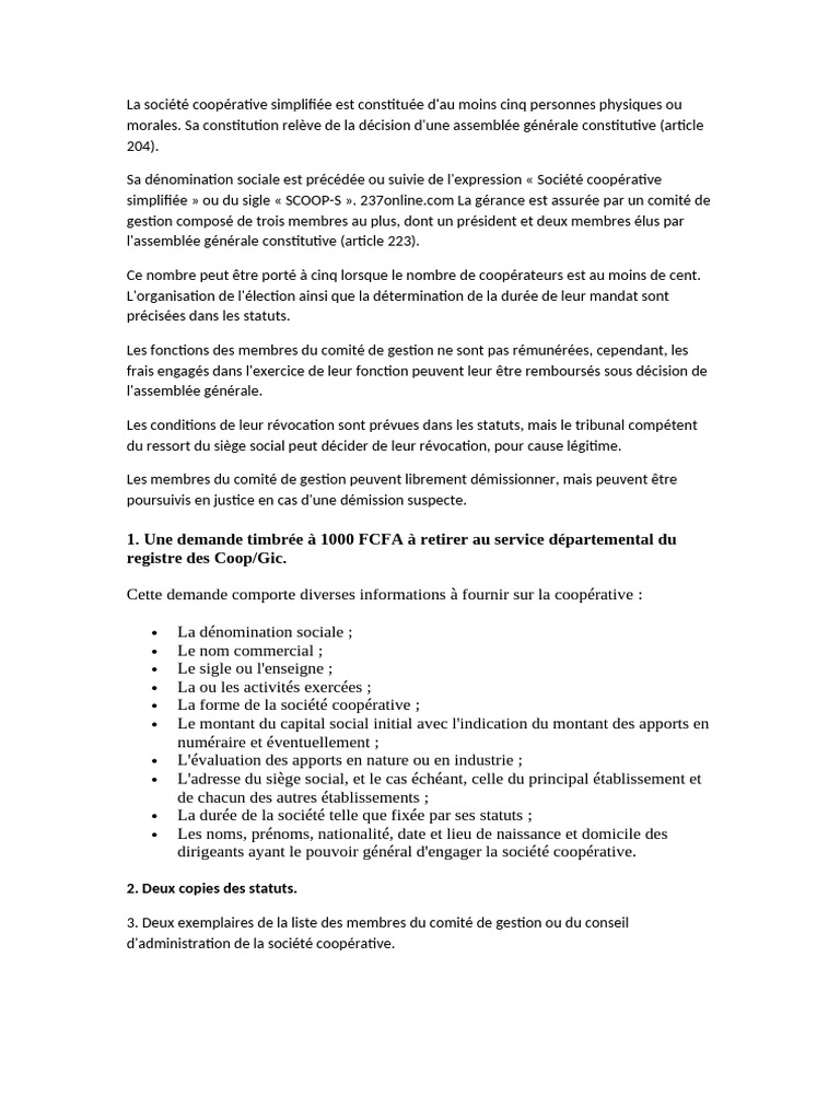 Statuts de la Société Coopérative Simplifiée | PDF