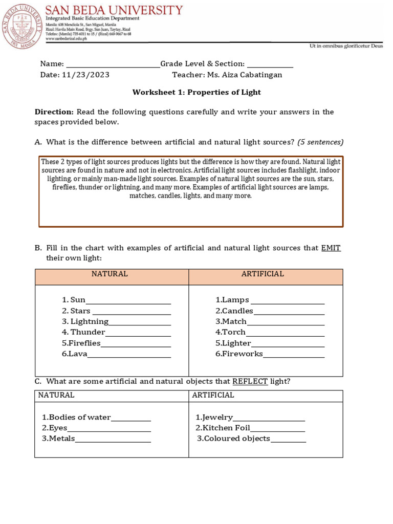 Samarita, Vhia Antonette_Worksheet 1_light | PDF | Reflection (Physics) | Light