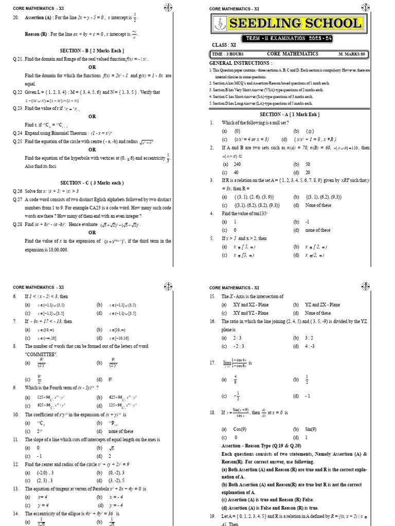 Sample Paper of XI - Core Maths | PDF | Complex Number | Mathematical Concepts