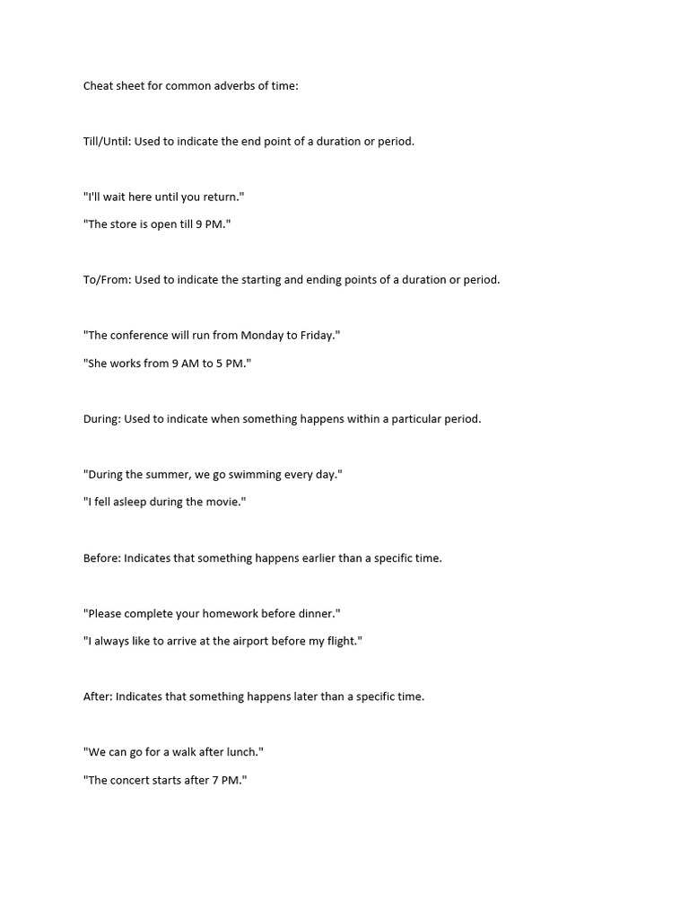 Cheat Sheet For Common Adverbs of Time | PDF