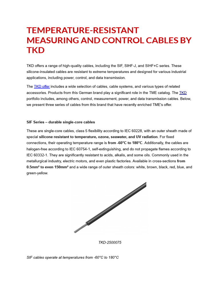 TME Temperature Resistant Measuring and Control Cables by TKD | PDF | Insulator (Electricity ...
