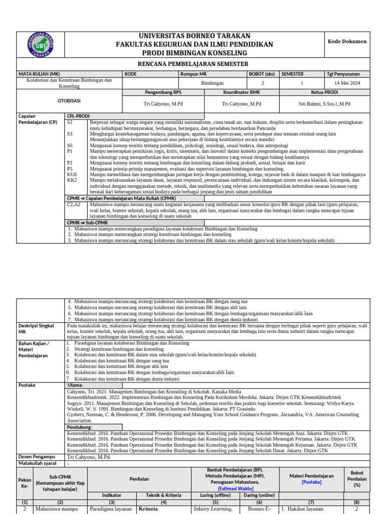 Kolaborasi Dan Kemitraan Bimbingan Dan Konseling RPS | PDF