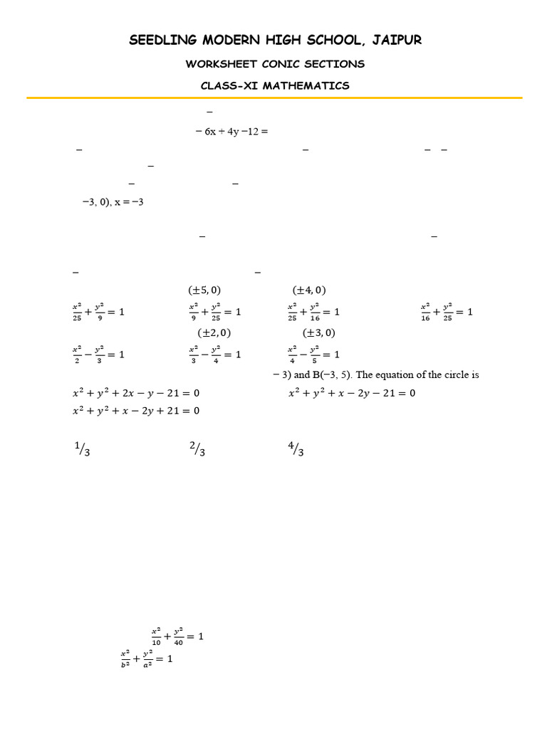 Conic Sections Worksheet for Class XI | PDF | Ellipse | Analytic Geometry