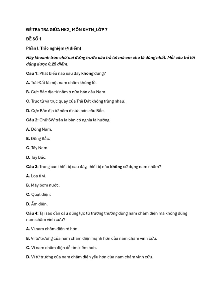 Đề KT KHTN 7 - GHK2 - Đề 1 &2&3 | PDF