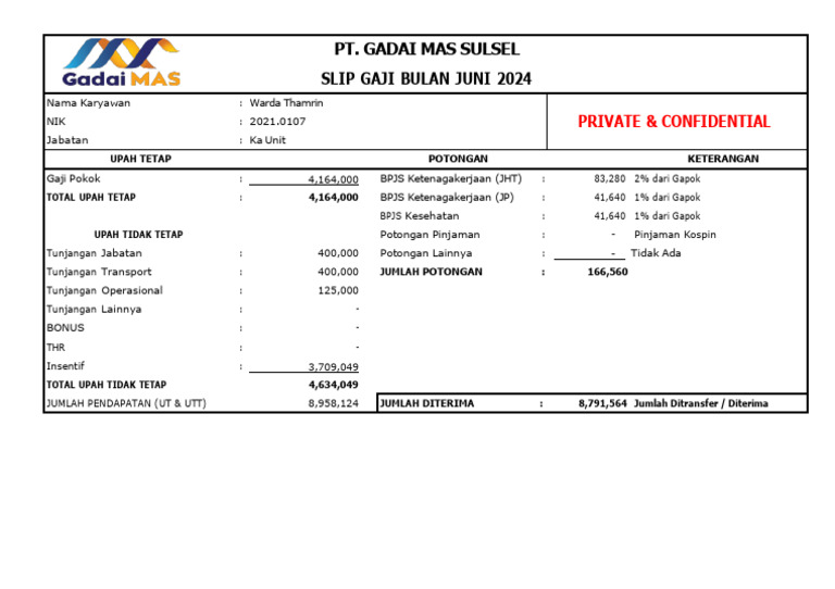 Slip Gaji Juni 2024 - Warda Thamrin | PDF