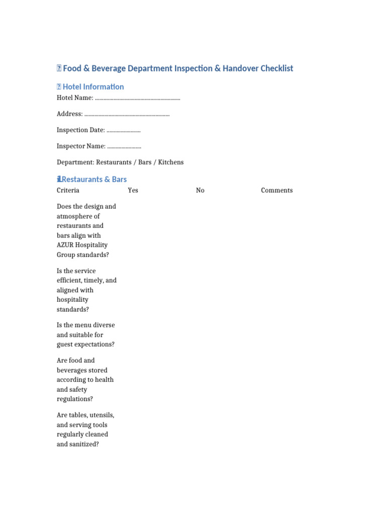 F&B Hotel Inspection Checklist EN | PDF | Kitchen | Restaurants