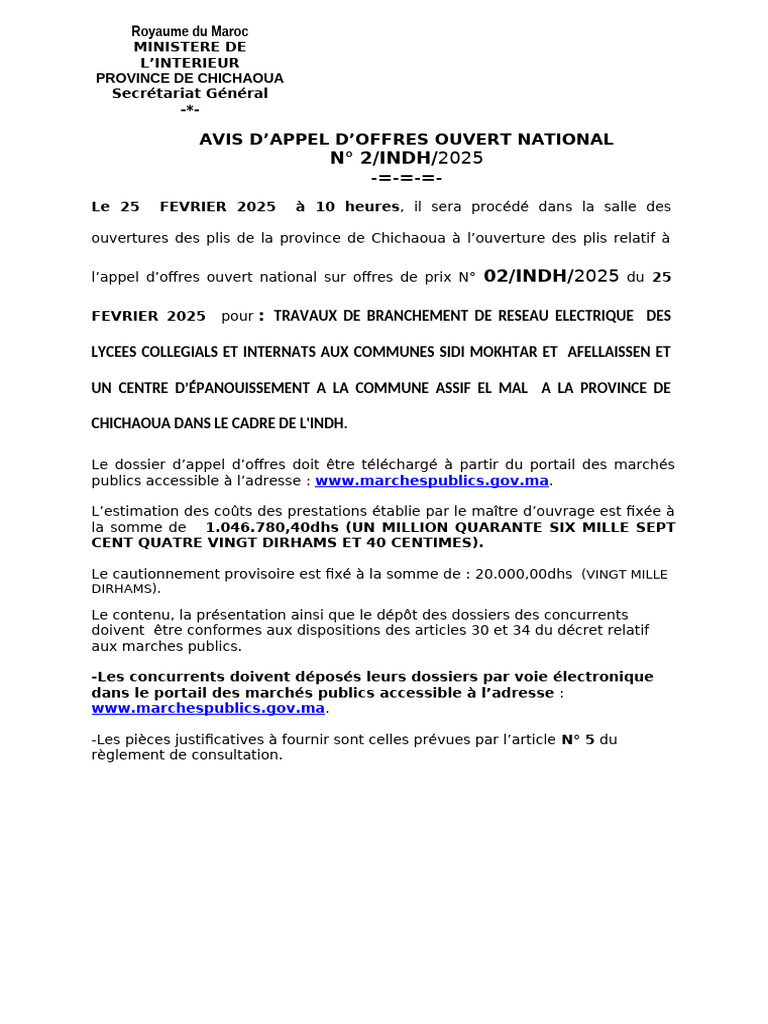 AVIS APPEL D'OFFRES OUVERT 02 INDH 2025 | PDF