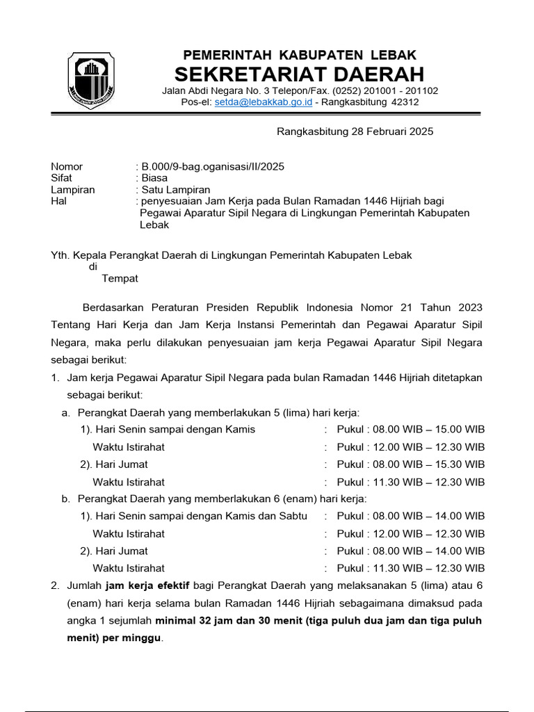 Surat Penetapan Jam Kerja Pada Bulan Ramadan 1446 h | PDF