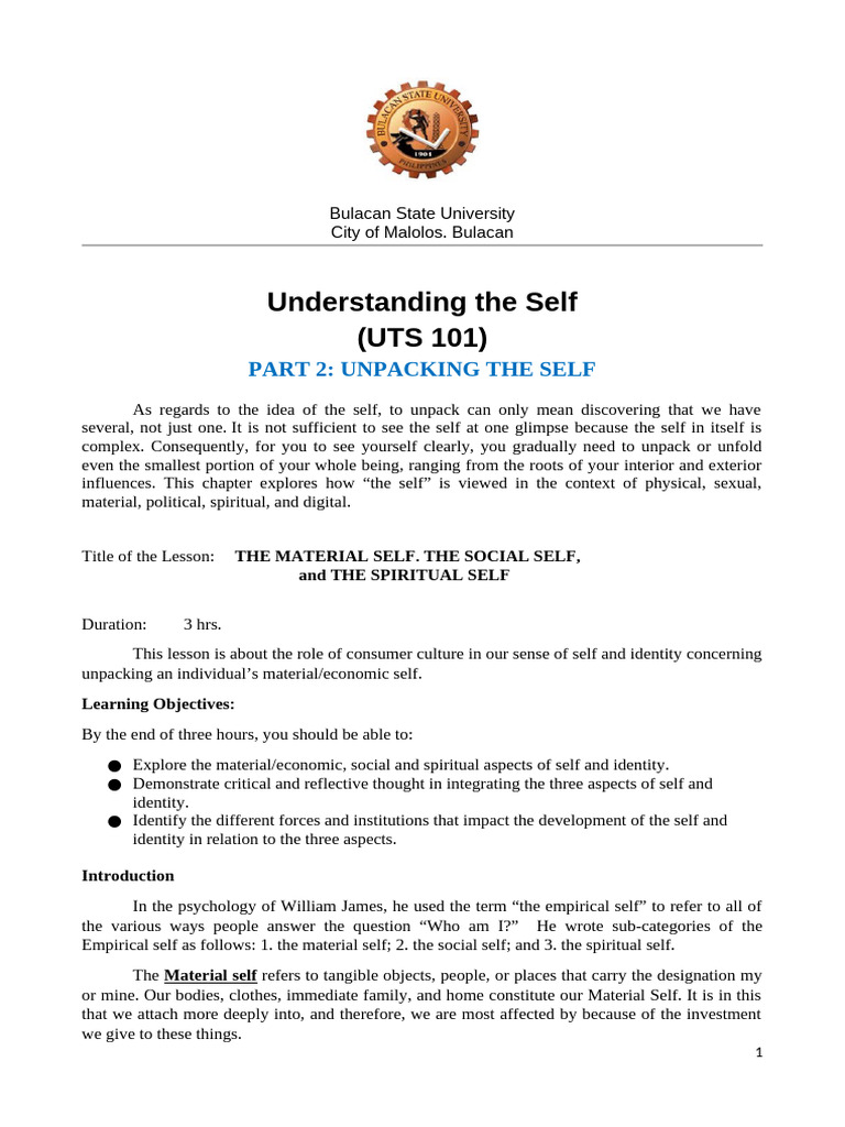 Handouts On UTS Material and Spiritual Self | PDF | Spirituality | Self