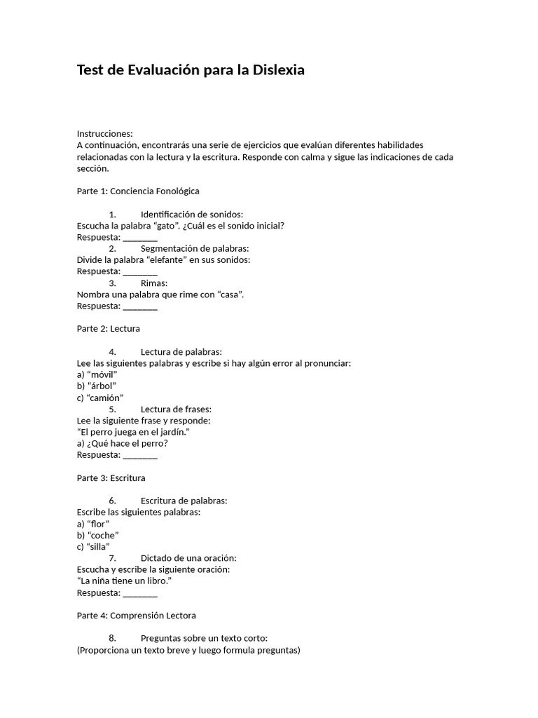Test de Evaluación para Dislexia | PDF