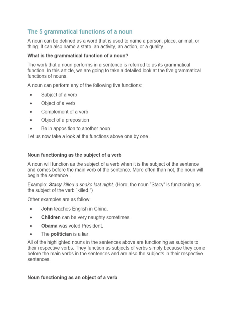 The 5 Grammatical Functions of A Noun | PDF | Adjective | Grammatical Number