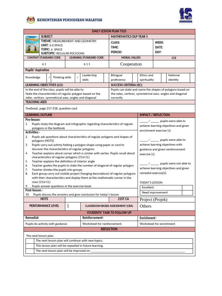 MT DLP Y5 Ts25 (Topic 6) (Week 30-33) | PDF | Lesson Plan | Teachers