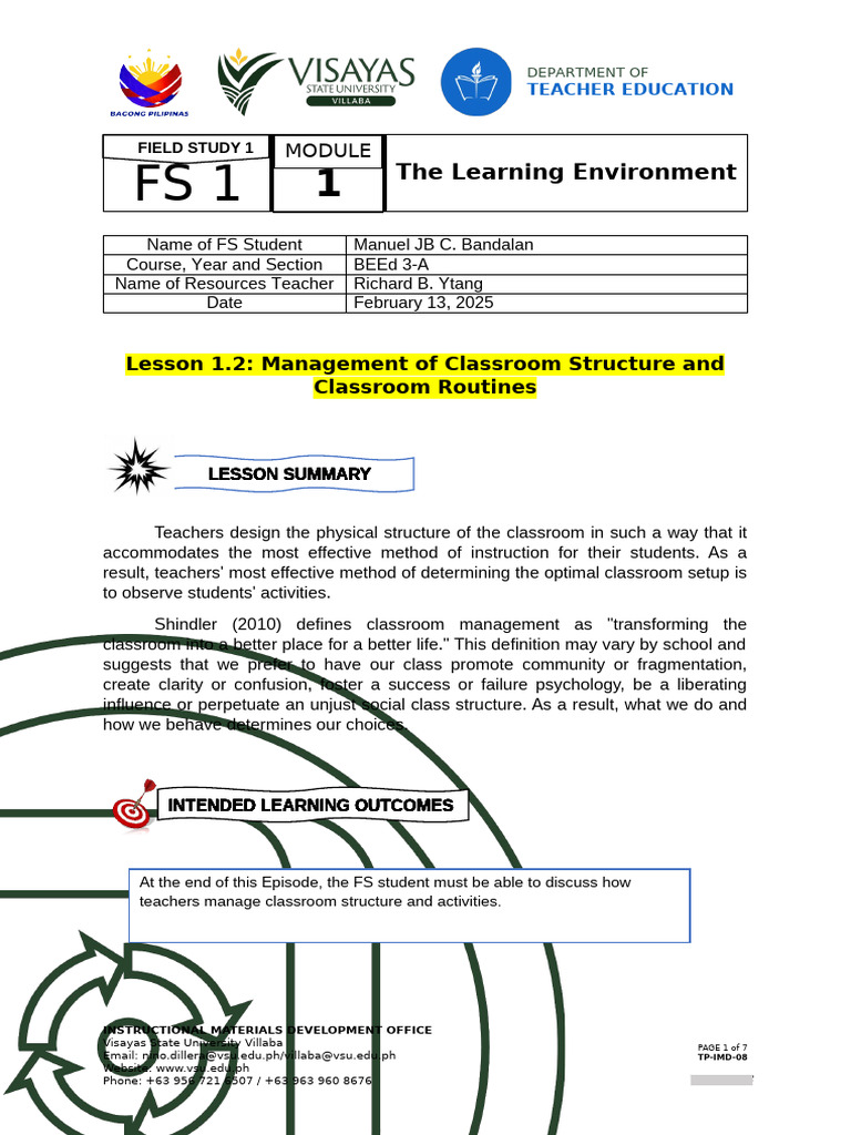 Manuel JB Bandalan - Lesson 1.2 Learning Task and Assessment Task 2 | PDF | Teachers | Classroom ...
