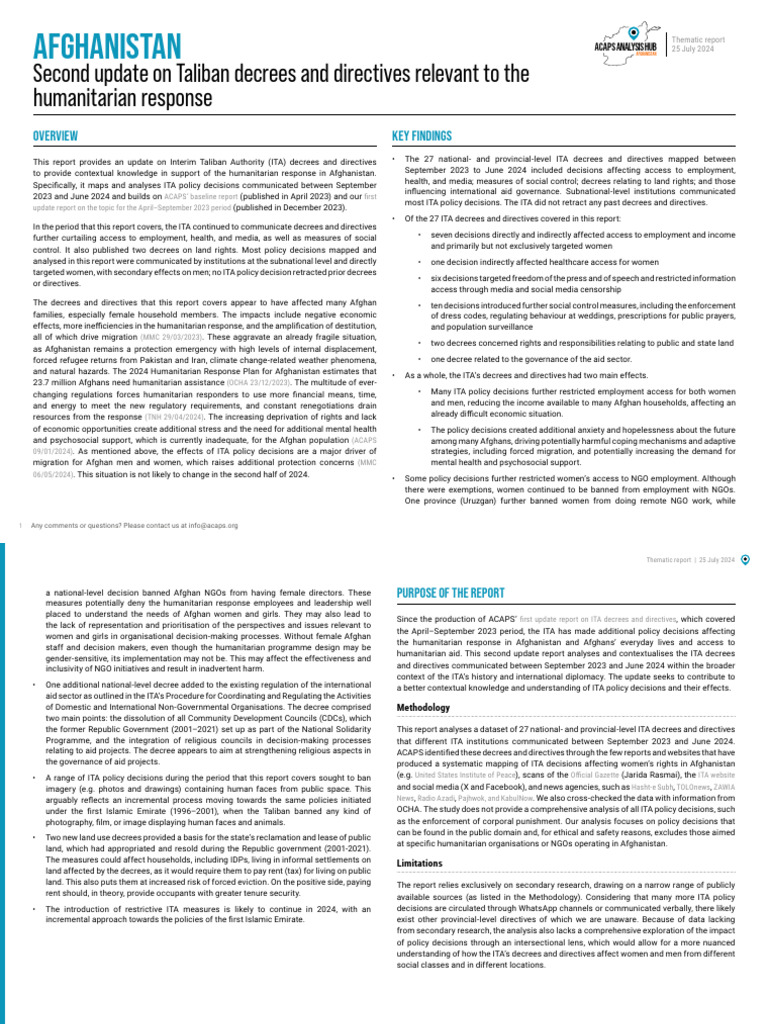ACAPS 25 July 2024 Second Update On Taliban Decrees | PDF | Non Governmental Organization ...