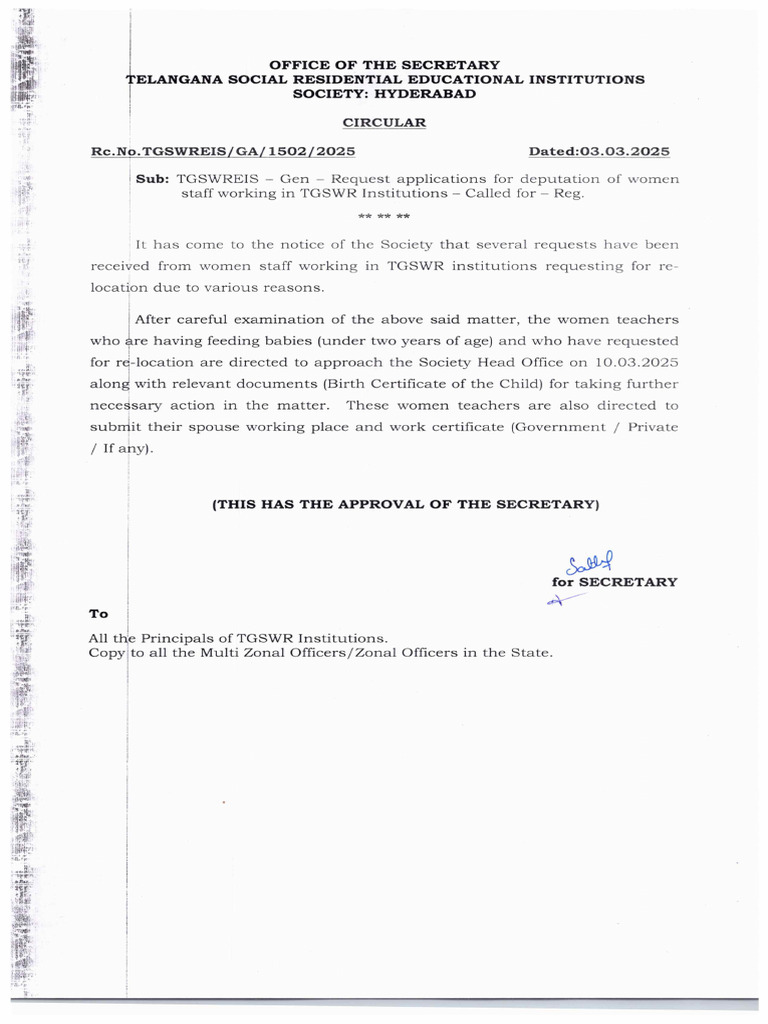 Circular Dated 03.03.2025 - Request Applications For Deputation of Women Staff Working in TGSWR ...