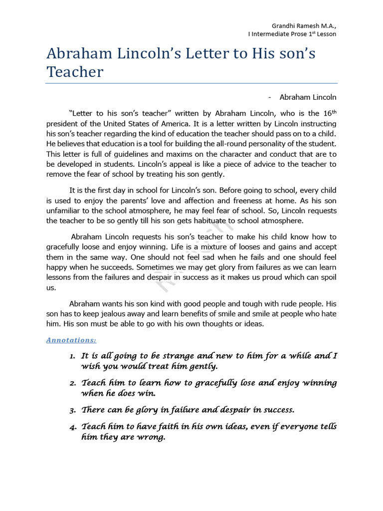 Abraham Lincoln's Letter To His Sons's Teacher Personal Notes | PDF