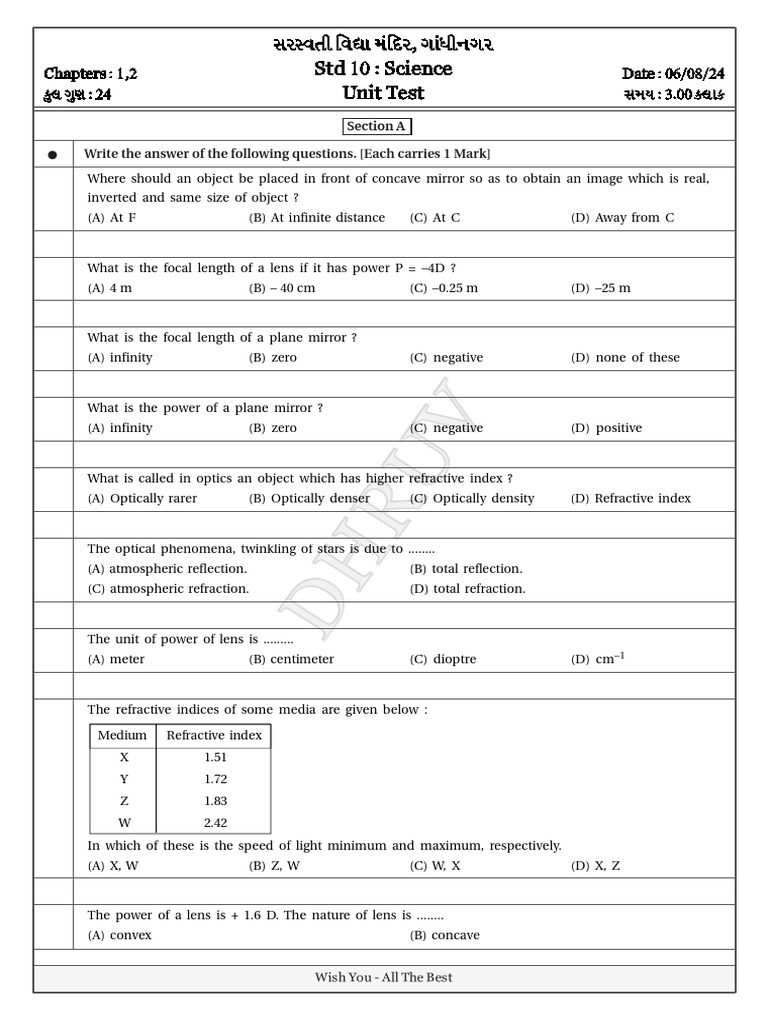 Std 10 Science Unit Test Questions | PDF | Refractive Index | Glass ...