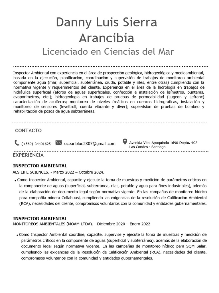 C.Vitae_Danny Sierra Arancibia | PDF | Agua subterránea | Minería