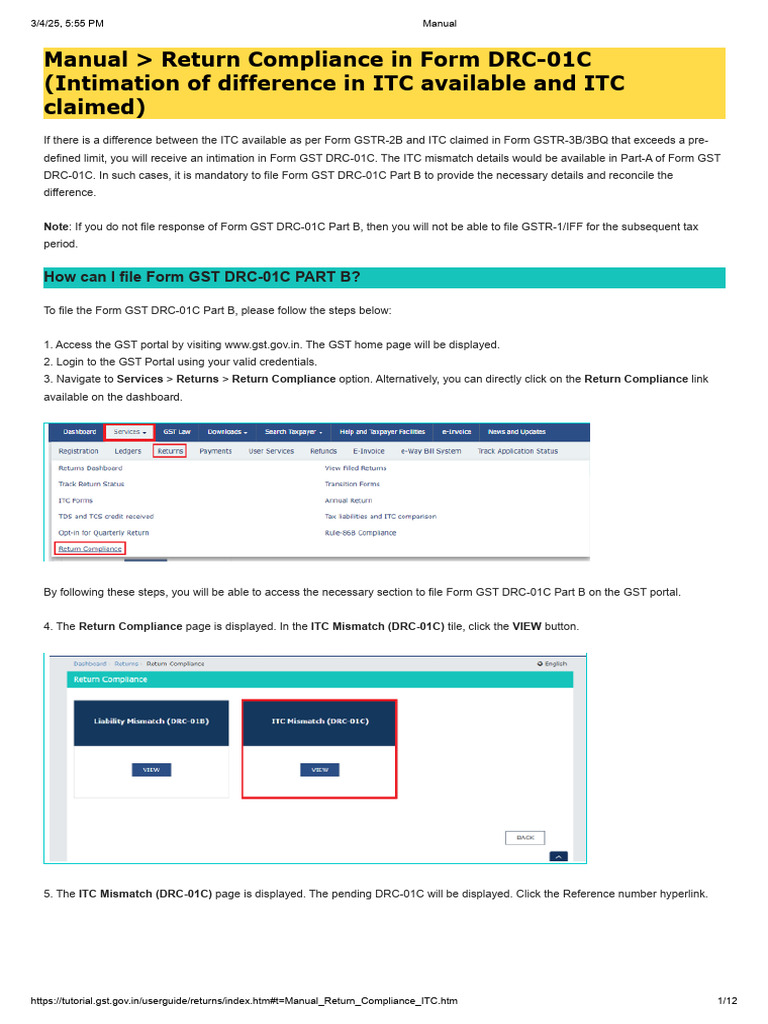 Return Compliance in Form DRC-01C (Intimation of Difference in ITC ...