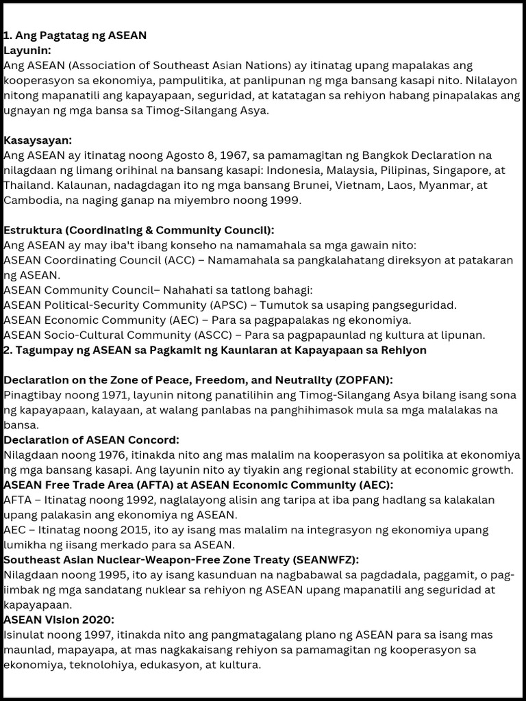 1. Ang Pagtatag ng ASEAN Layunin Ang ASEAN (Association of Southeast Asian Nations) ay itinatag ...