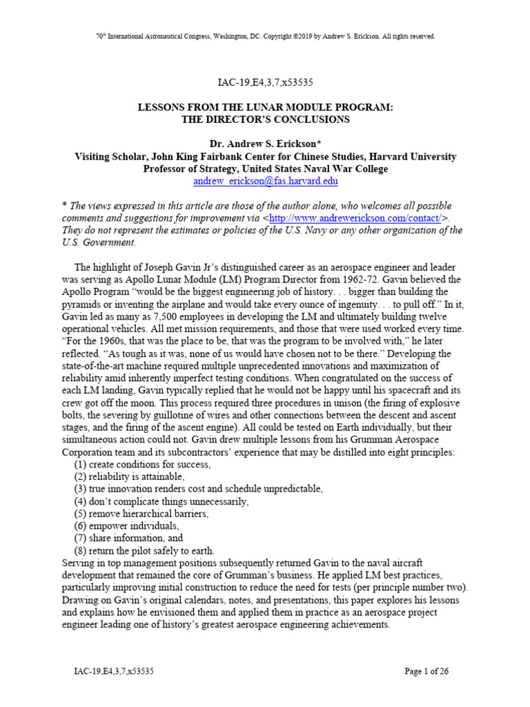 Erickson - Lessons From The Lunar Module Program | PDF | Apollo Lunar ...