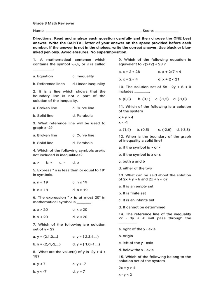 Grade 8 Math Re-WPS Office | PDF | Inequality (Mathematics) | Mathematics
