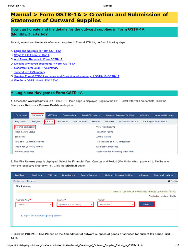 Form GSTR-1A Creation and Submission of Statement of Outward Supplies ...