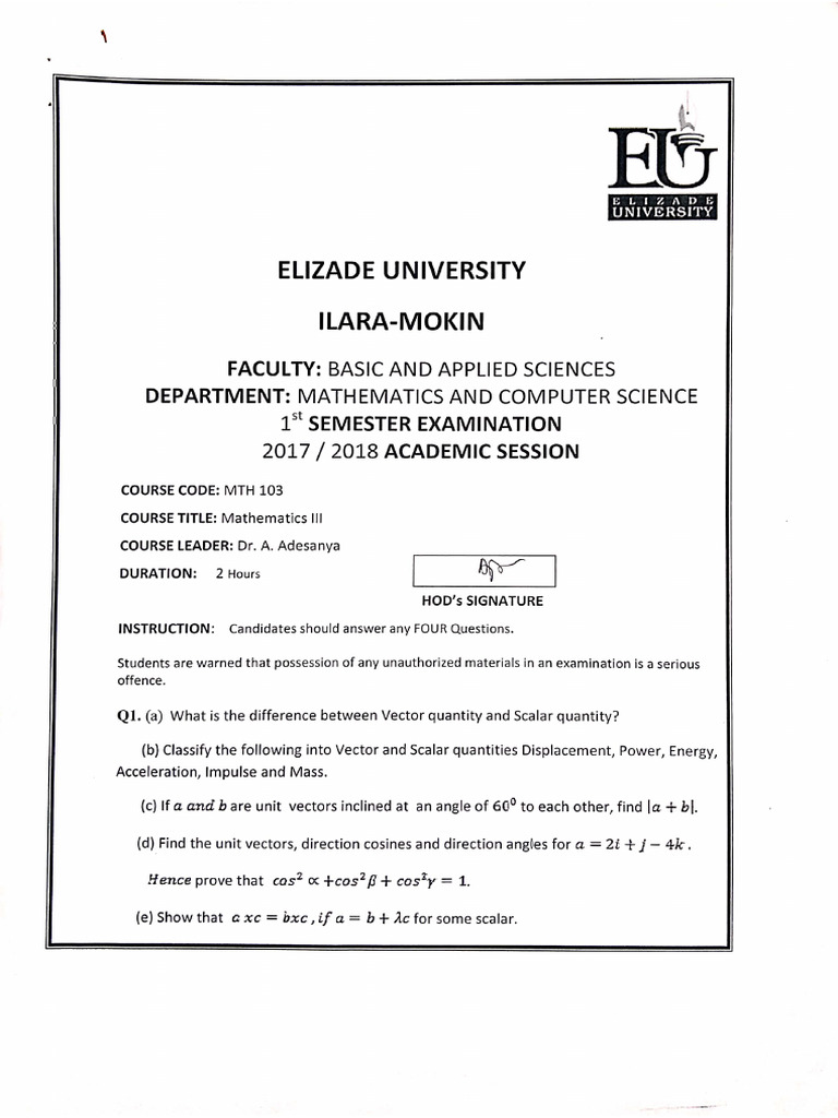MTH 103 - Questions | PDF