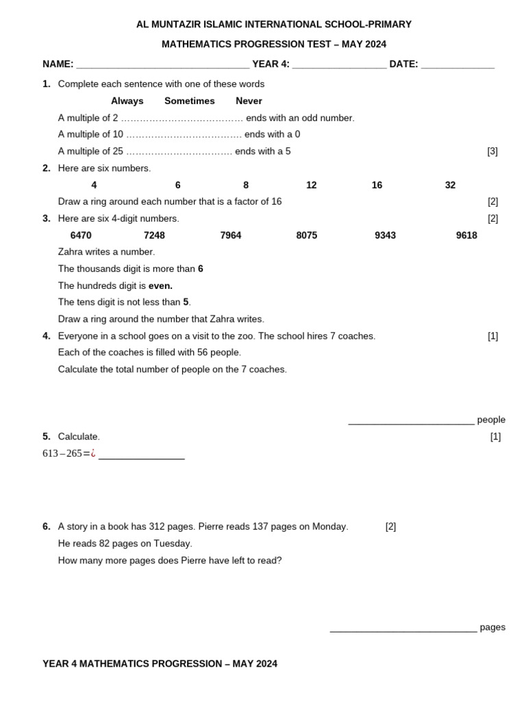 Year 4 Mathematics Progression Test May 2024 | PDF | Mathematics ...