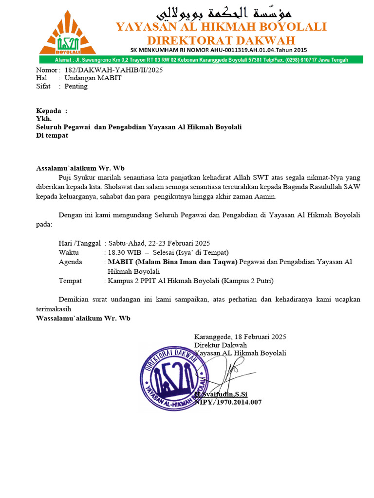 Undangan MABIT Yayasan Al Hikmah | PDF