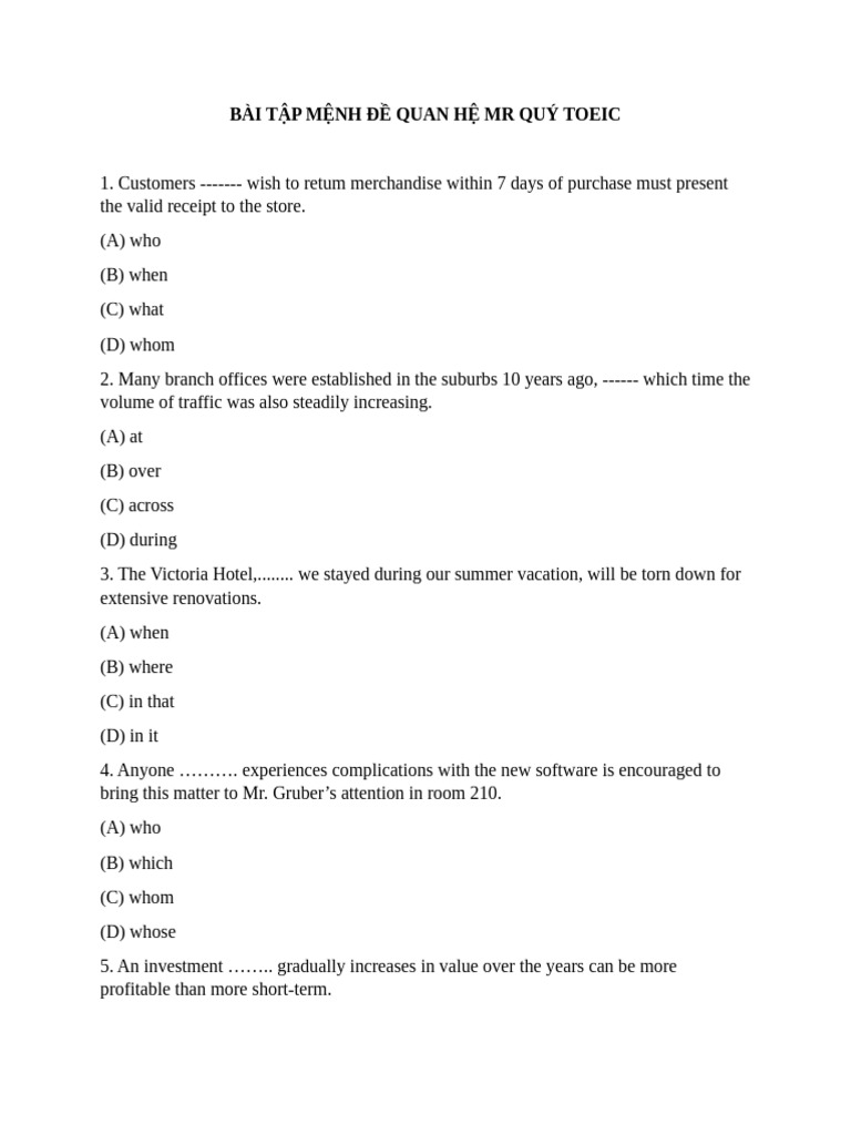 TOEIC Relative Clause Exercises | PDF