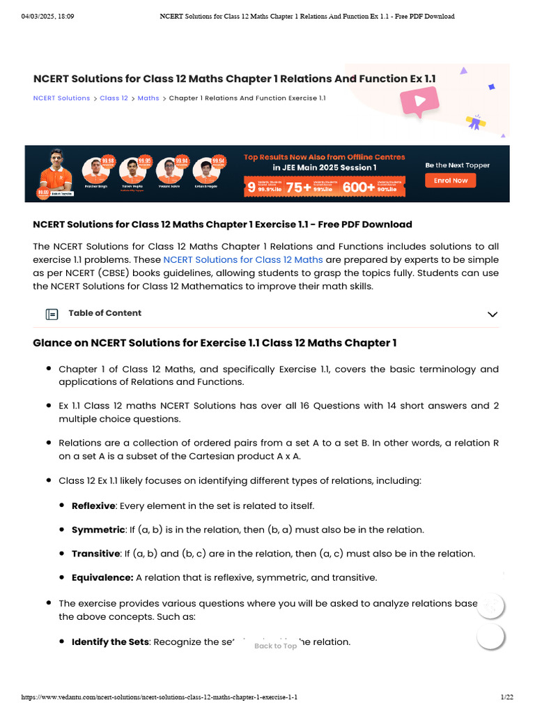 NCERT Solutions For Class 12 Maths Chapter 1 Relations and Function Ex 1.1 - Free PDF Download ...