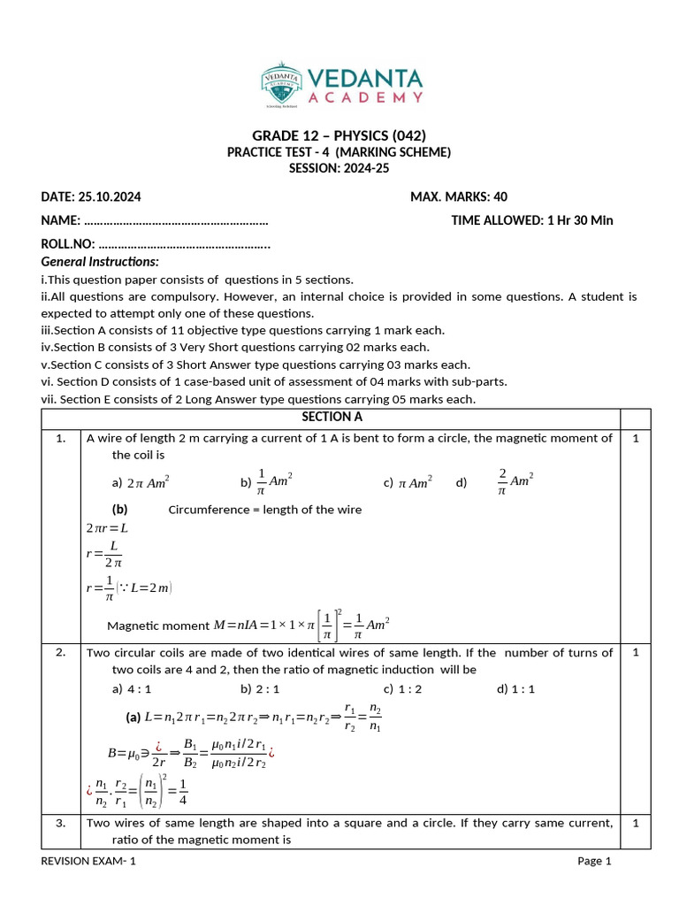 Grade 12 Physics Practice Test 4 | PDF | Magnetic Field | Magnet