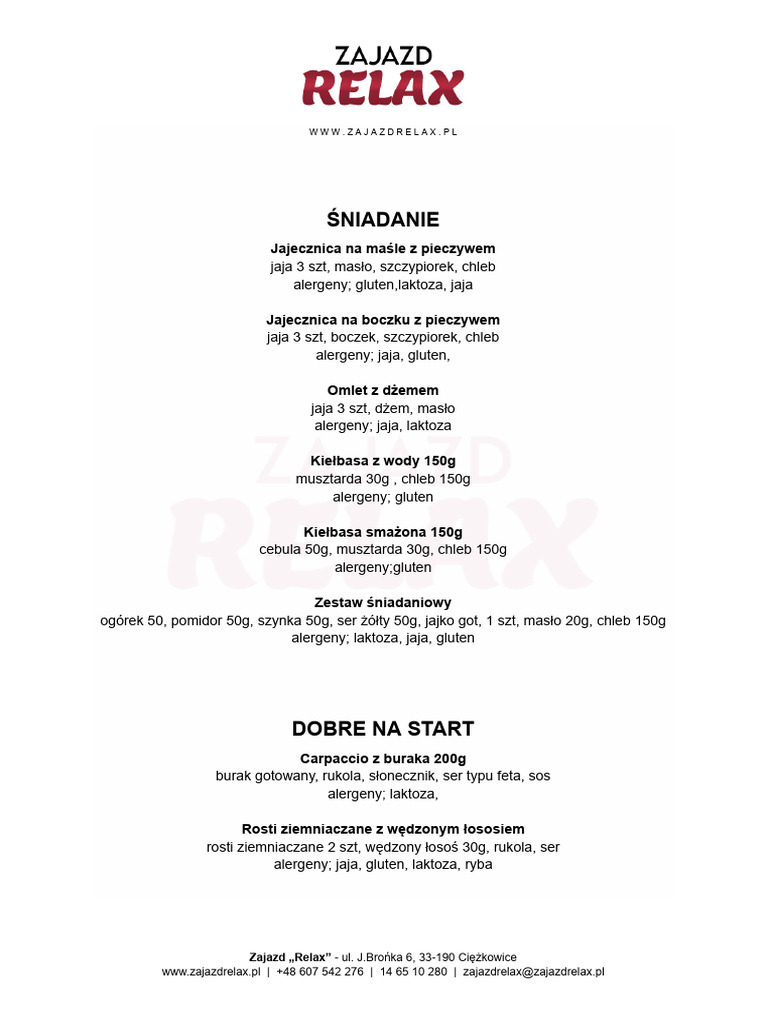 Zajazd Relax - Menu 1 | PDF
