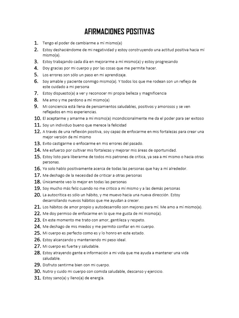 Afirmaciones Positivas para el Amor Propio | PDF
