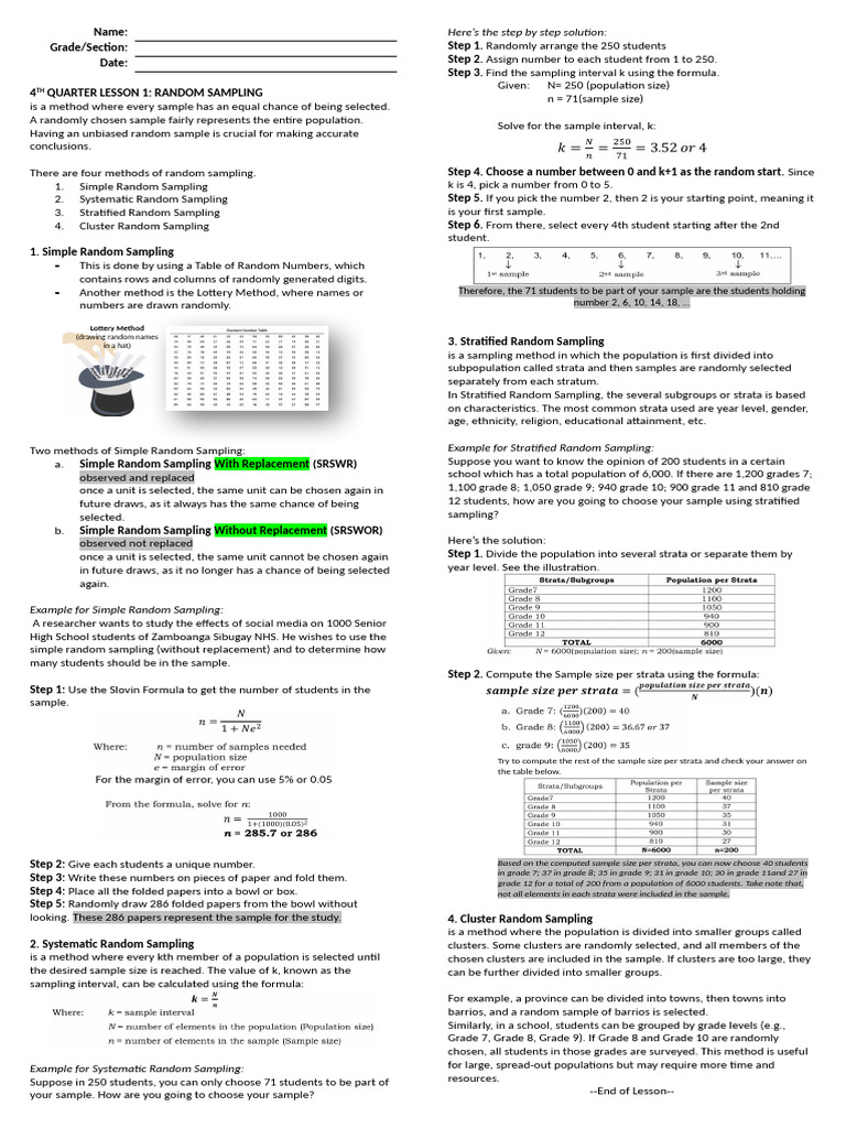q3m5 l1 Types of Random Sampling | PDF | Sampling (Statistics) | Stratified Sampling