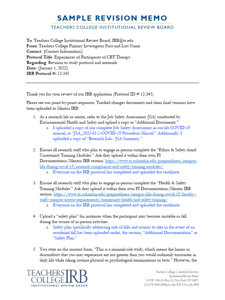 Sample-Revision-Memo 2022 TC IRB | PDF | Institutional Review Board | Consent