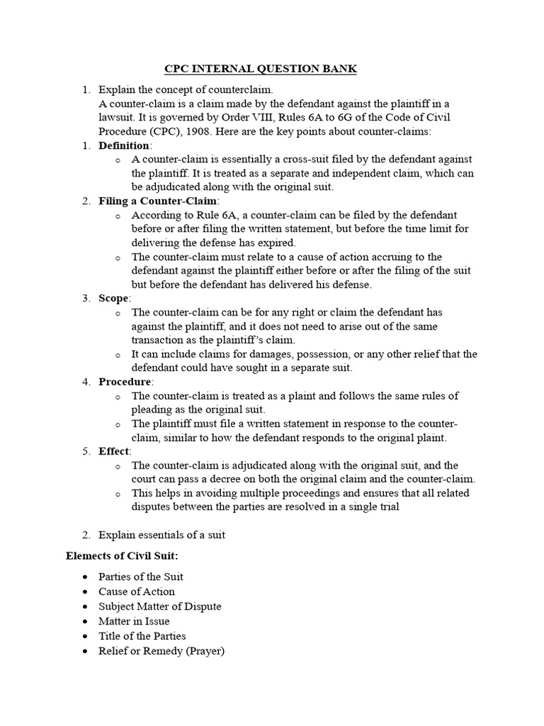 CPC INTERNAL QUESTION BANK TYLLB | PDF | Lawsuit | Counterclaim