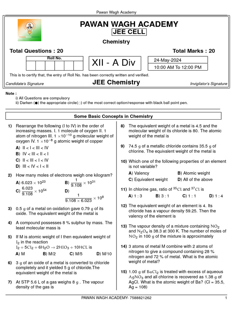 Some Basic Concepts in Chemistry dpp-3 | PDF | Molecules | Chemistry