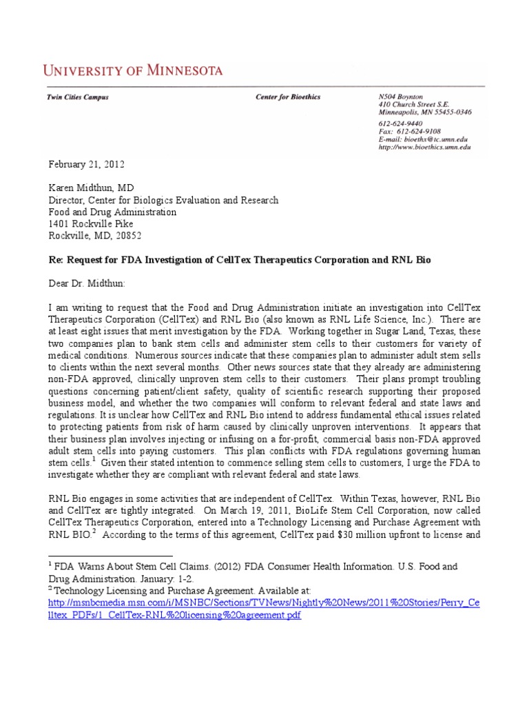 February 21, 2012 Request FDA Investigation of CellTex and RNL Bio ...