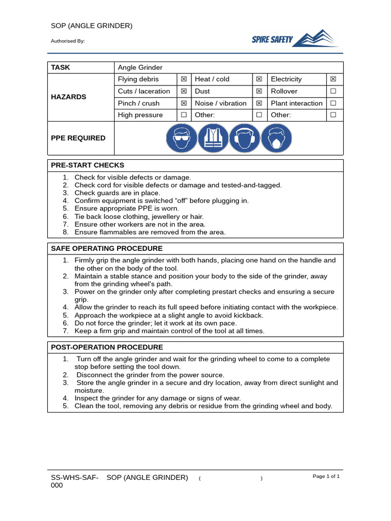 SS WHS SAF 000 Safe Operating Procedure Angle Grinder | PDF