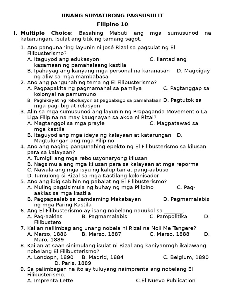 UNANG SUMATIBONG PAGSUSULIT EL FILIBUSTERISMO (Kaligirang ...