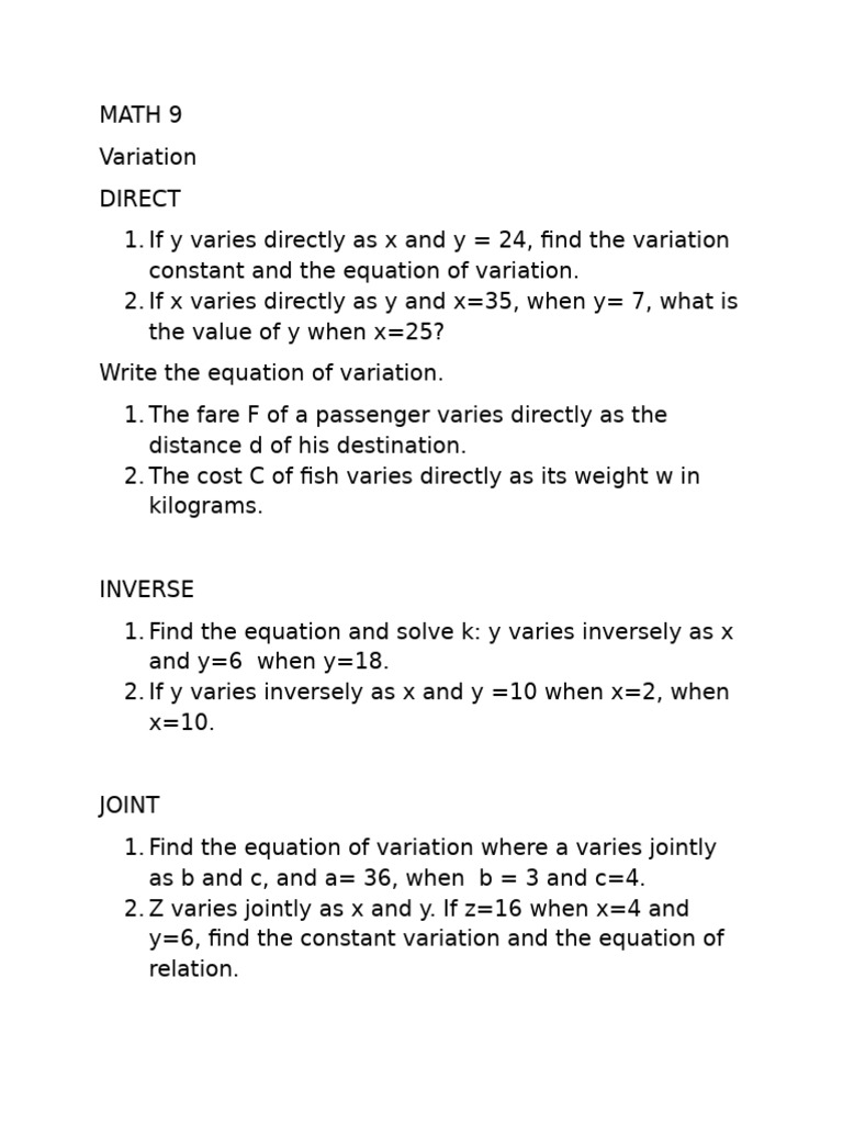 Variation and Radicals in Math 9 | PDF
