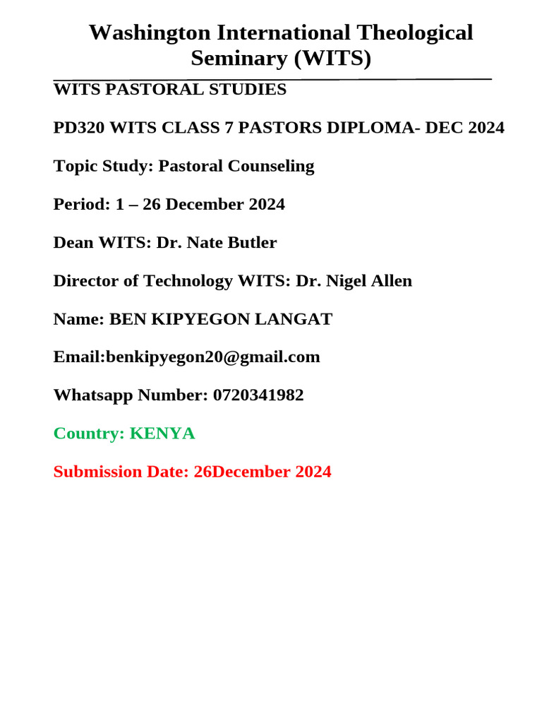 PD320 WITS CLASS 7 PASTORS DIPLOMA- DEC 2024 | PDF