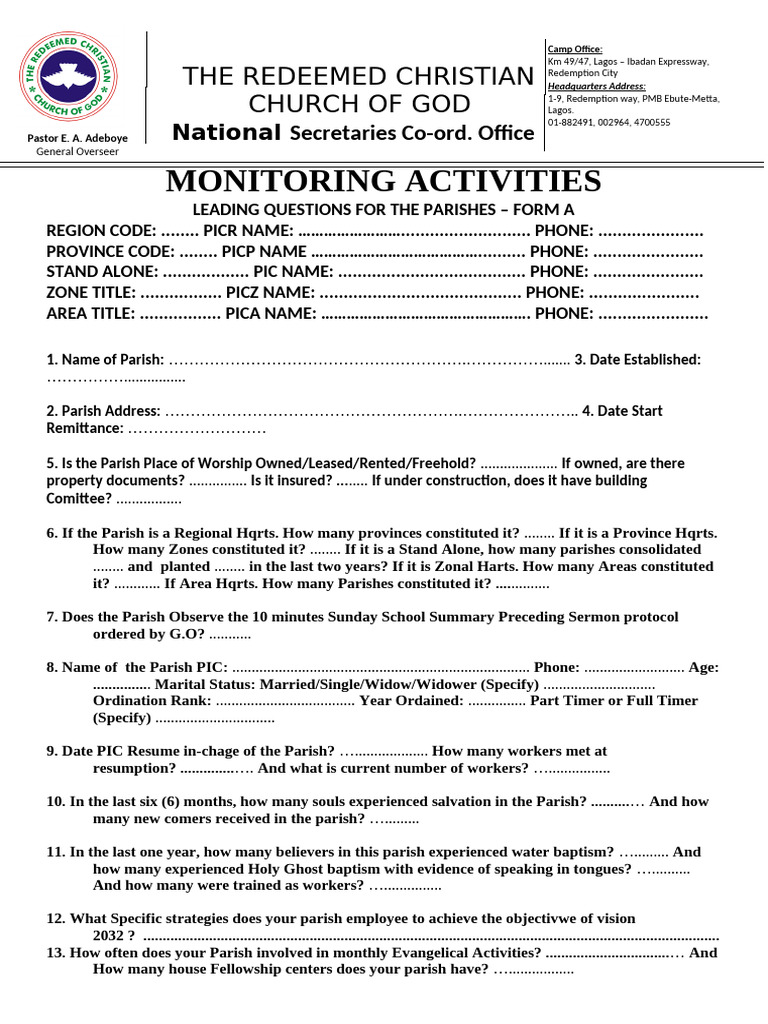 RCCG Parish Monitoring Form A | PDF | Christian Theological Movements ...